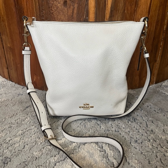 Coach | Bags | Coach Creme Leather Pebbled Abby Duffle Gold Zip Purse ...